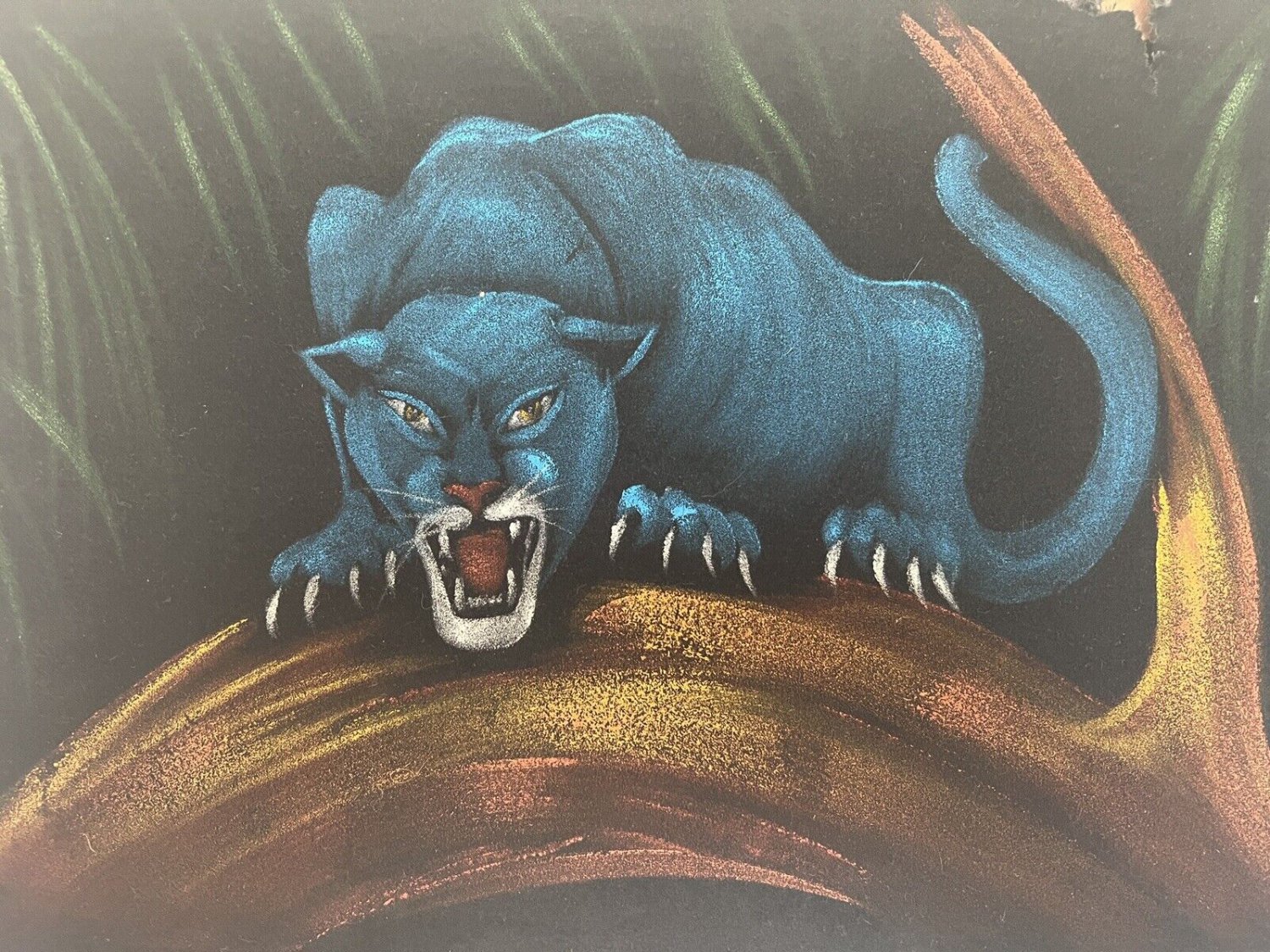 Blue Panther feline vintage velvet oil painting art