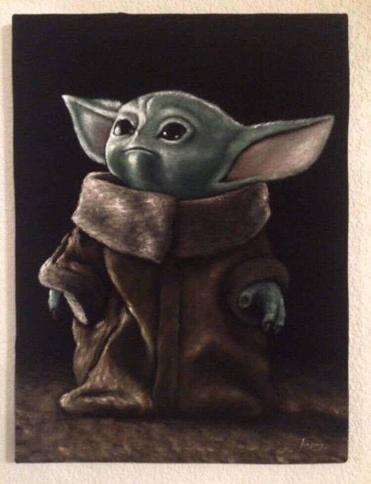 Star Wars Baby Yoda Grogu black velvet oil painting art.