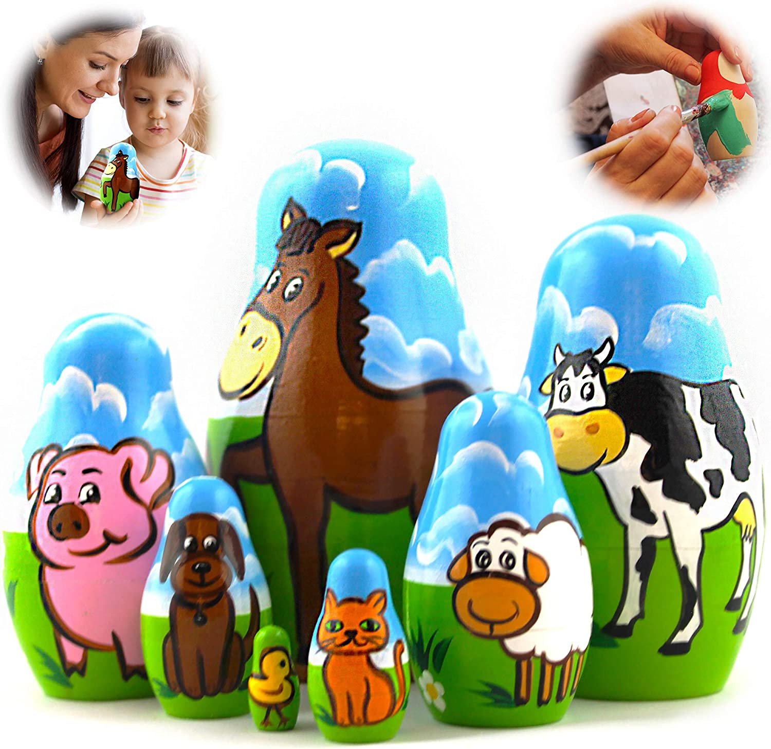 Farm Animals Set 7 pcs Wood Nesting Dolls for Kids - Pet Figurine Set ...