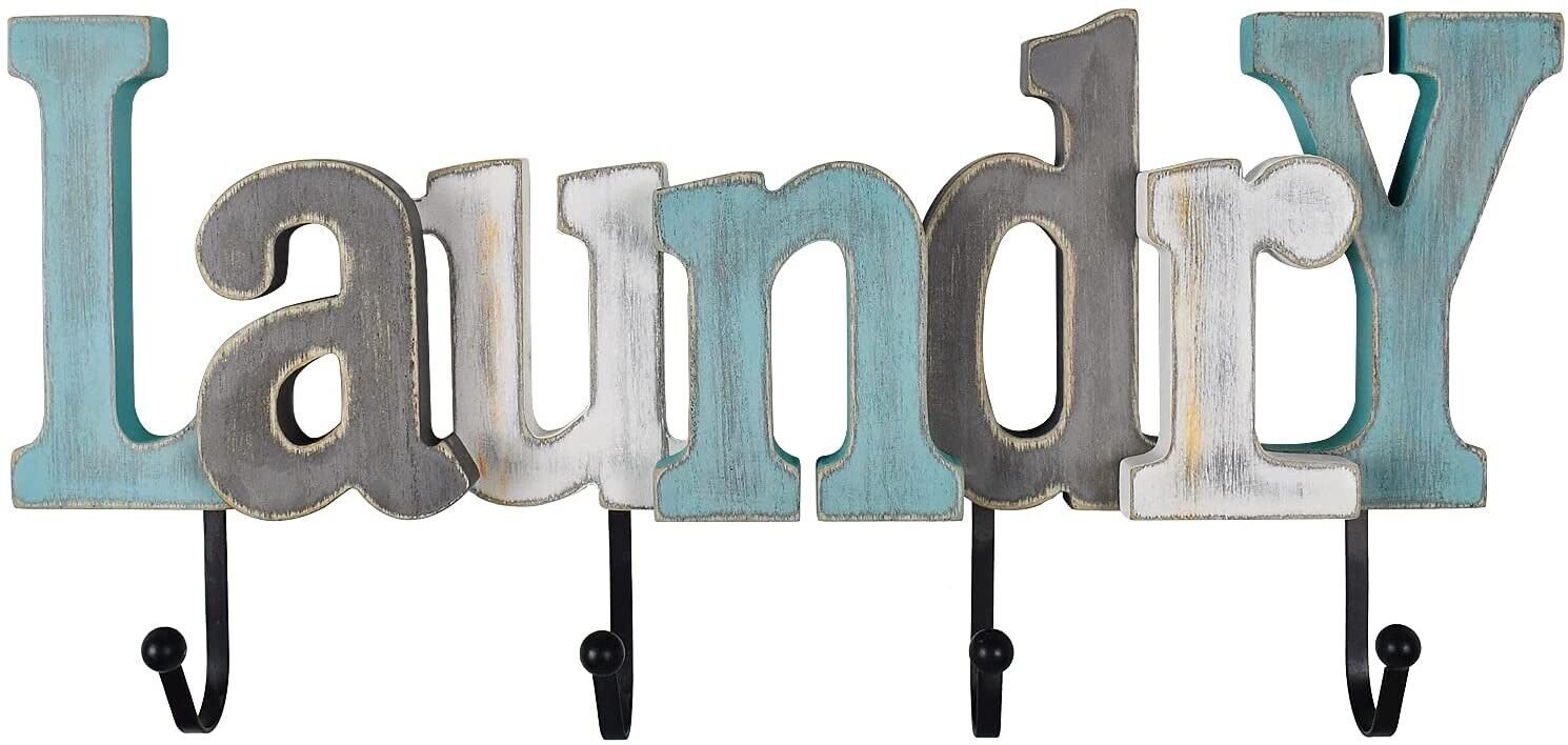 Rustic Wooden Laundry Sign Cutout Letters with Hooks Wall Mounted word ...