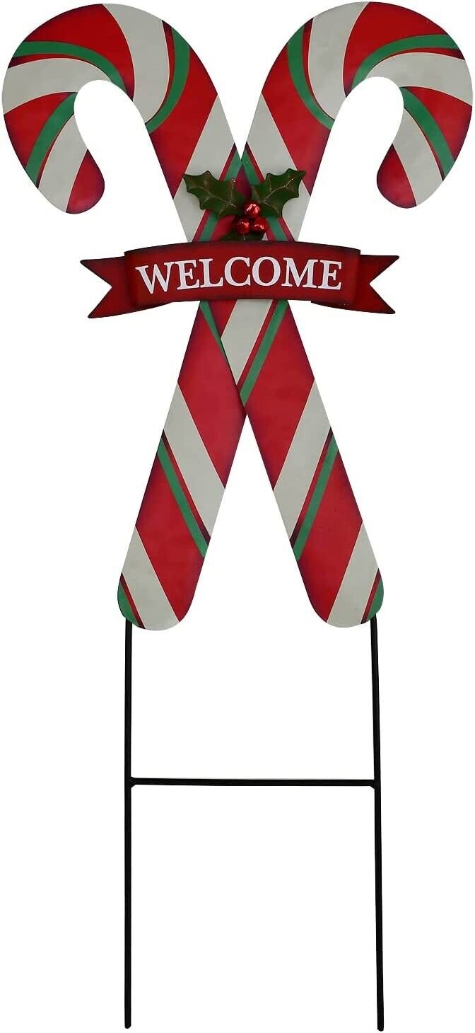 Christmas Candy Cane Garden Stake, Metal Candy Cane Welcome Sign Wall ...