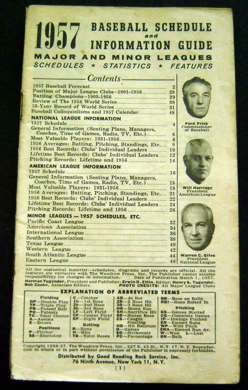 1957 Baseball Information Guide Booklet Schedules Facts Figures No Cover