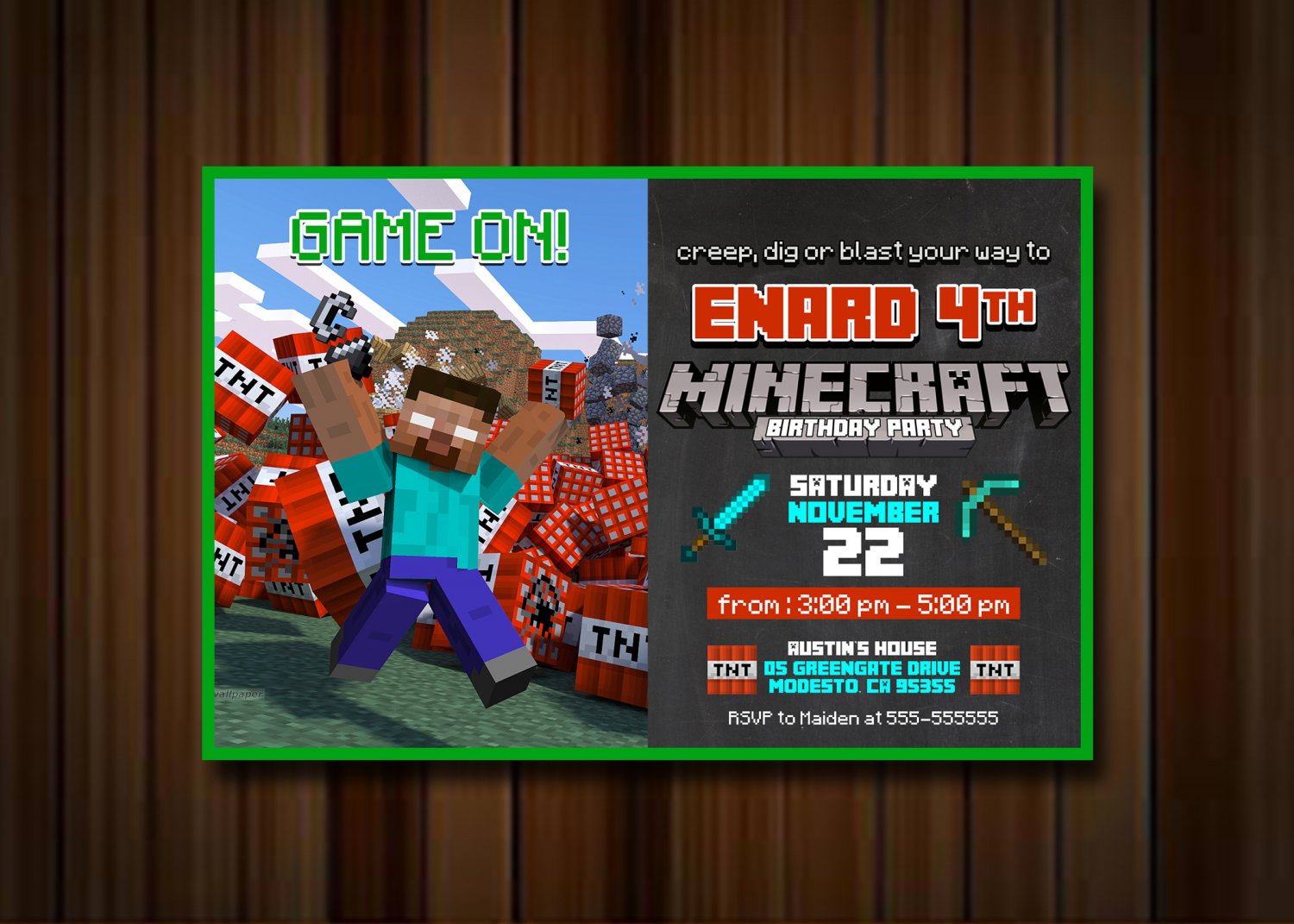 Minecraft invitation, minecraft birthday inviations