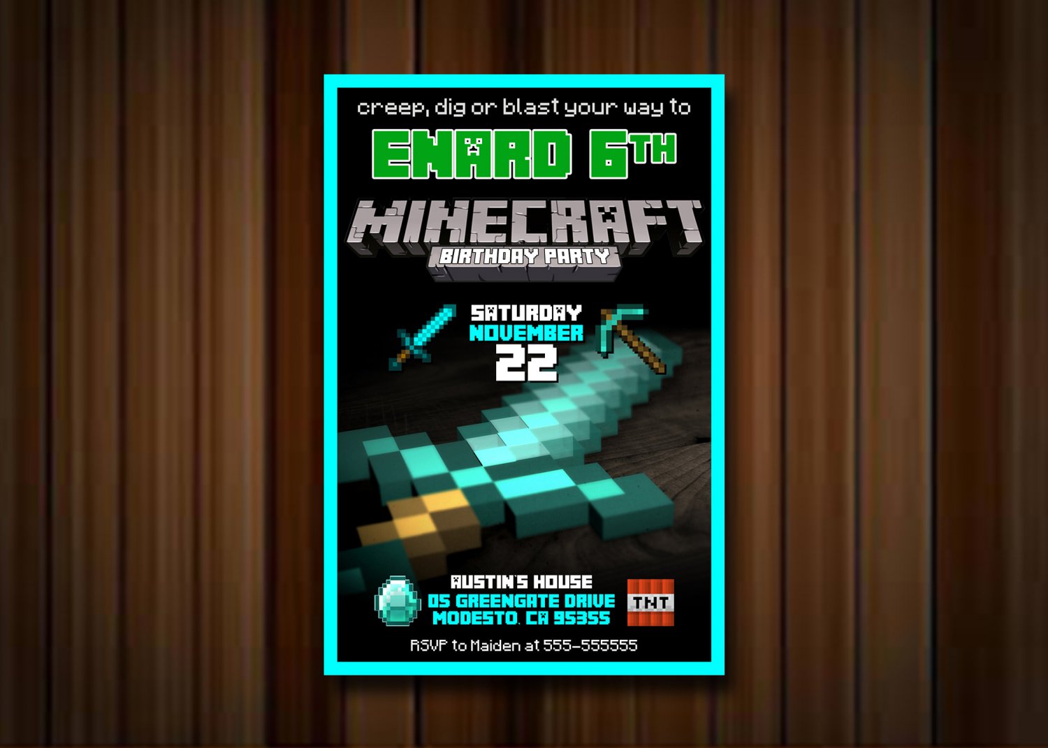 Minecraft invitation, minecraft birthday inviations