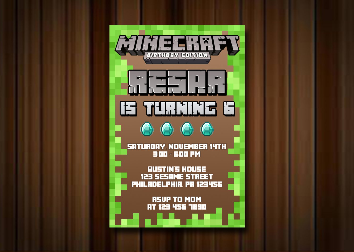 Minecraft invitation, minecraft birthday inviations