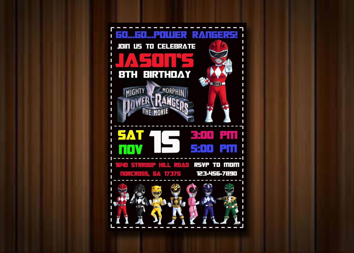 Power Rangers Invitations, Birthday party, digital invites
