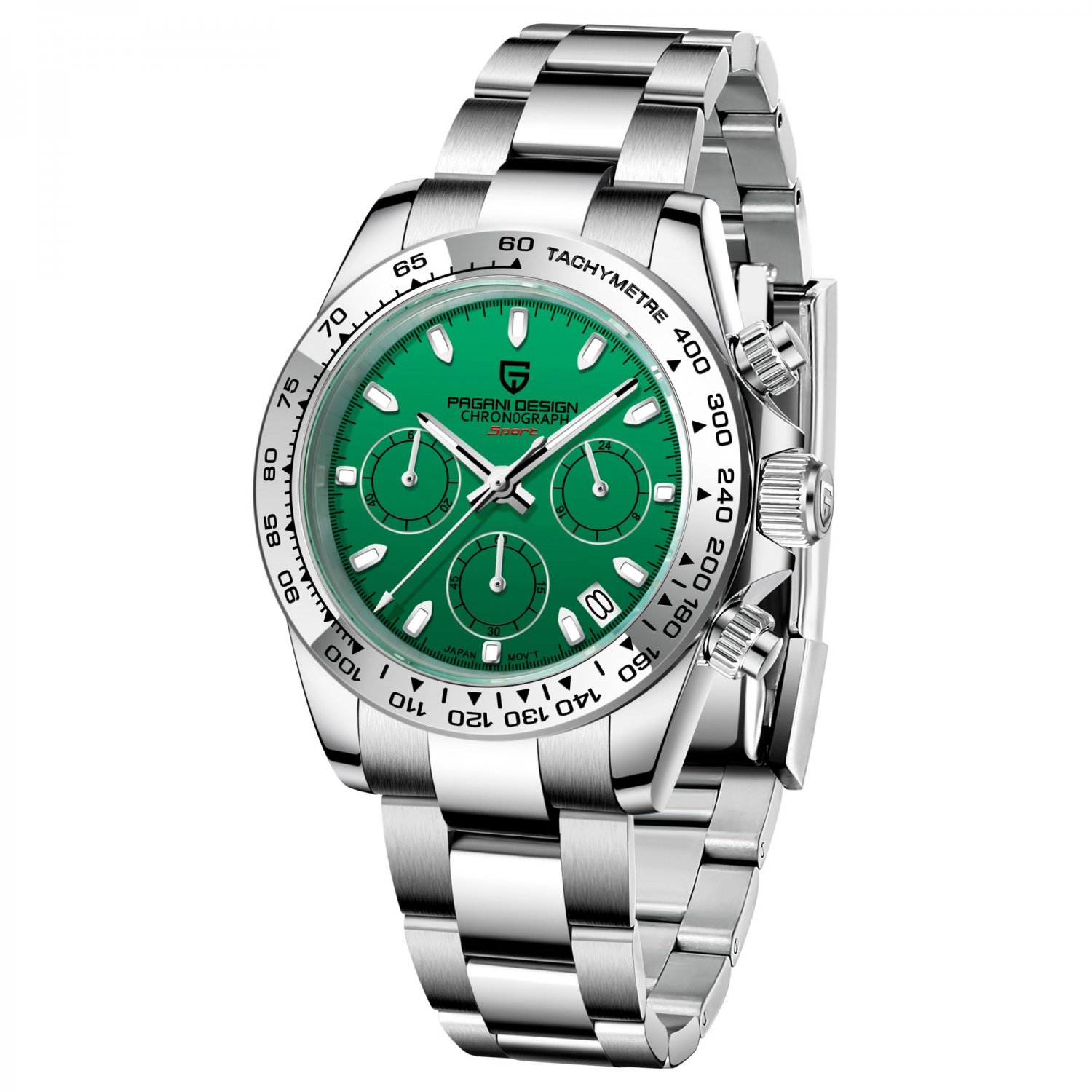 Mens watch 40mm green dial 10bar chronograph tachymetre luminous sports ...