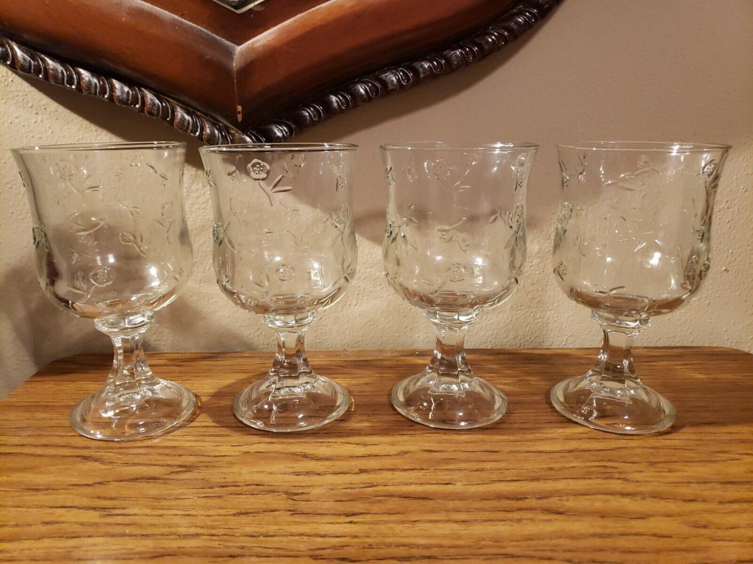 4 Anchor Hocking Savannah Clear Glass Heavy Goblets Embossed Rose Flower