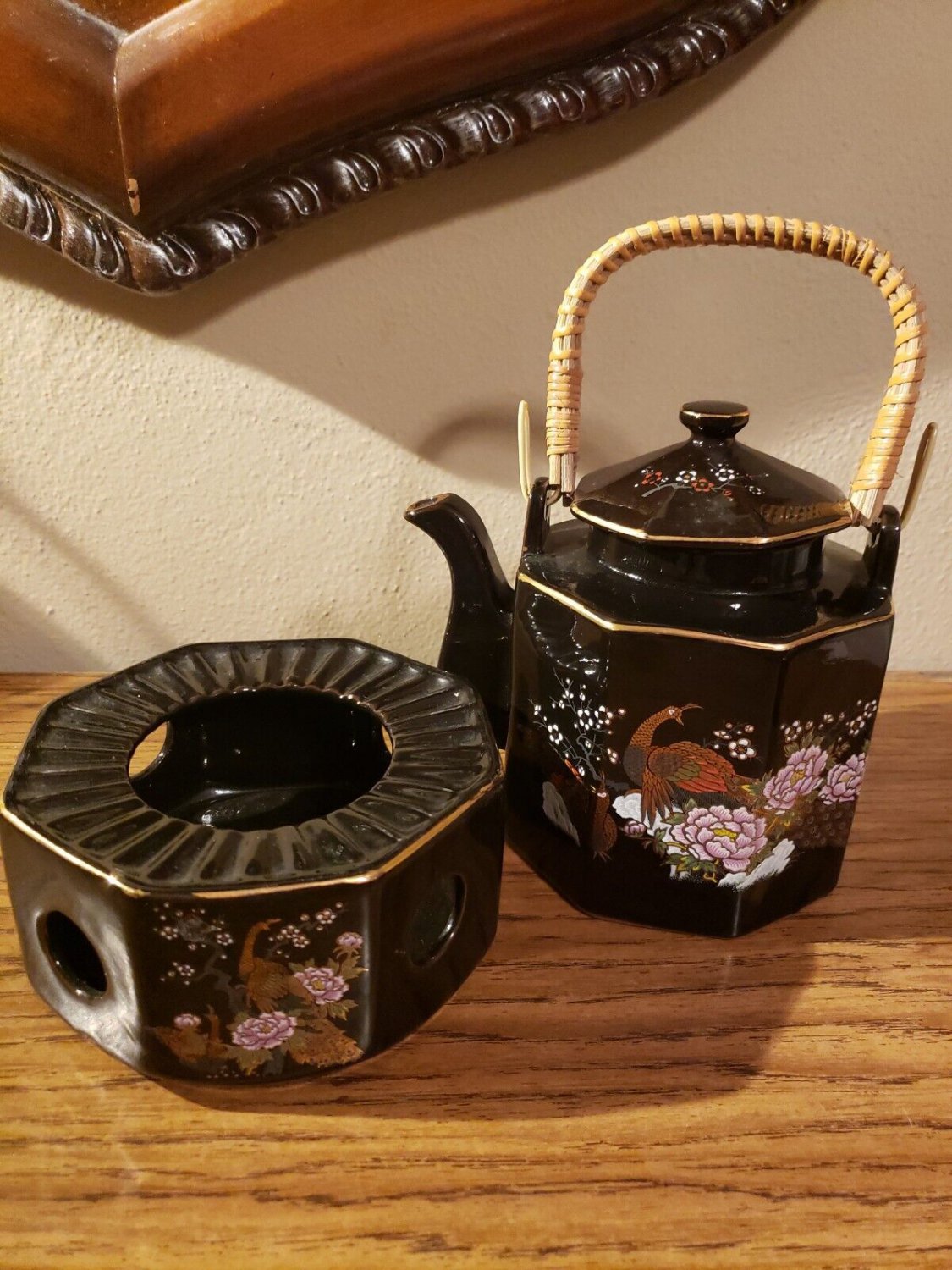 Japanese Sake Tea Set Black Gold Gilded Peacock & Flowers Teapot & Warmer