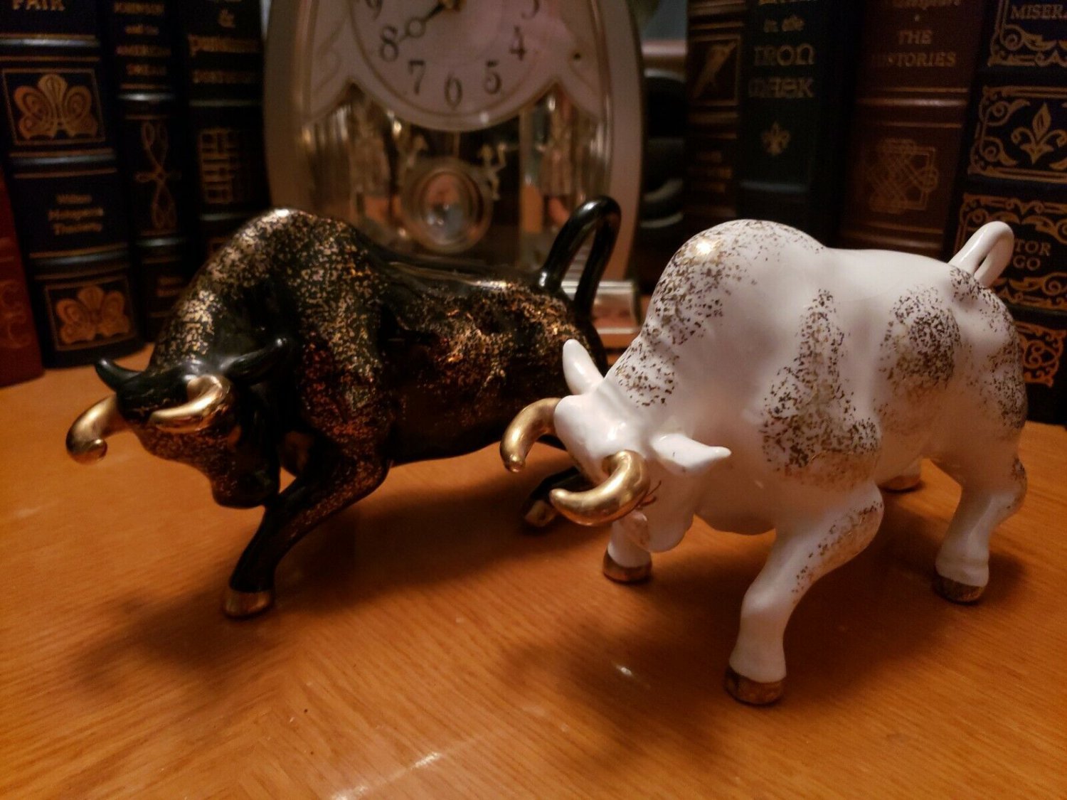 Two Vintage Bull Figurines Porcelain Ceramic Fighting Spanish Stock