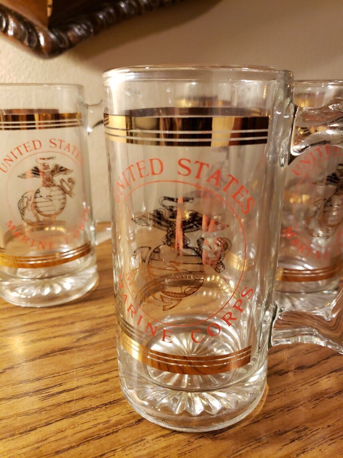 6 USMC Marine Corps Display Glass Mugs Steins Gold Trim. USMC Symbol US