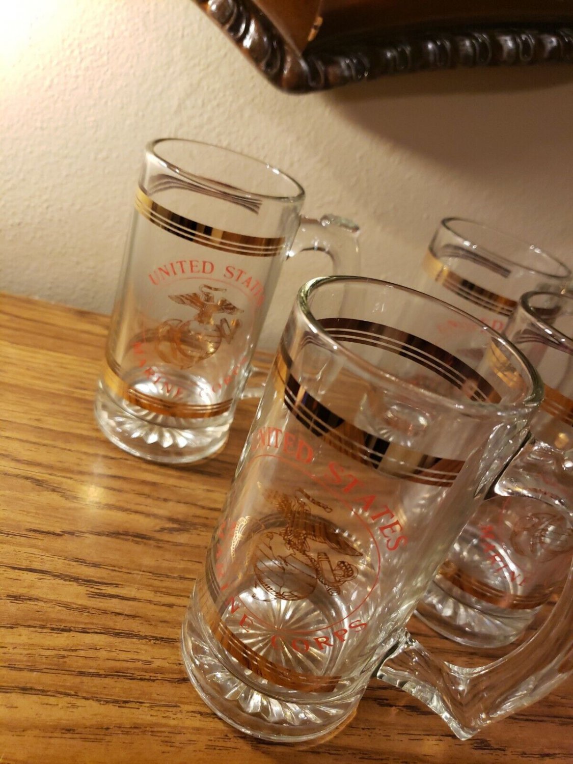 6 USMC Marine Corps Display Glass Mugs Steins Gold Trim. USMC Symbol US