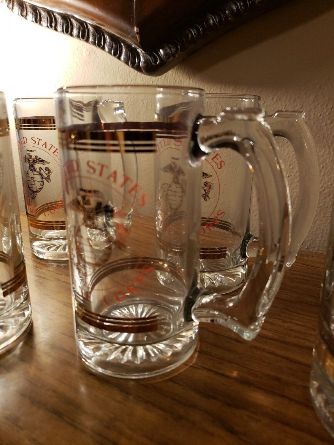 6 USMC Marine Corps Display Glass Mugs Steins Gold Trim. USMC Symbol US