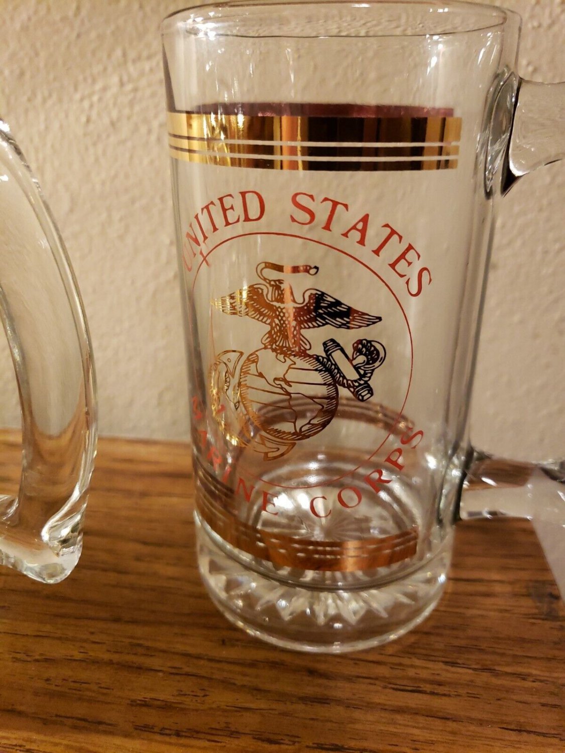 6 USMC Marine Corps Display Glass Mugs Steins Gold Trim. USMC Symbol US