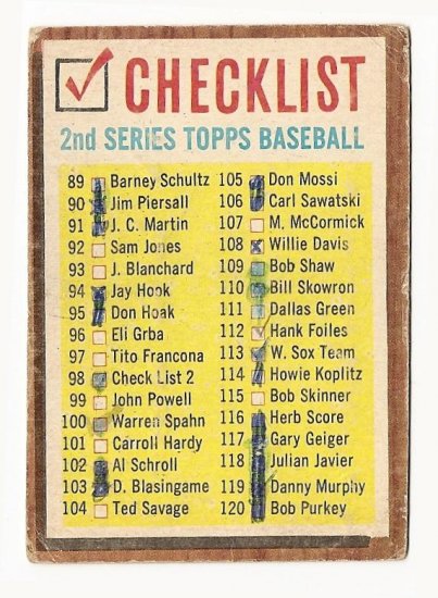 1962 Topps baseball card #98 Checklist 2nd series, Fair/good, marked on ...