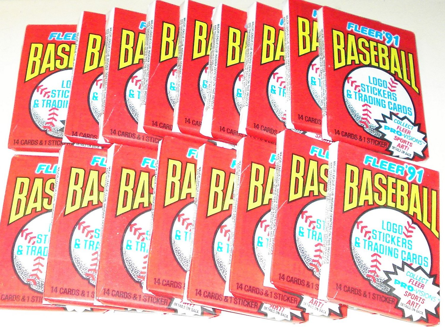 17 Packs 1991 Fleer Baseball Card Wax Packs, Never Opened, Mint, 14 
