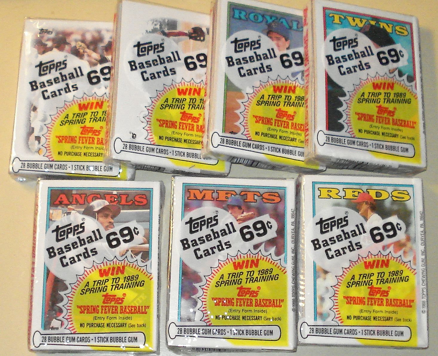 7 Packs - 1988 Topps Baseball Card Cello Packs, Never Opened, Mint, 28
