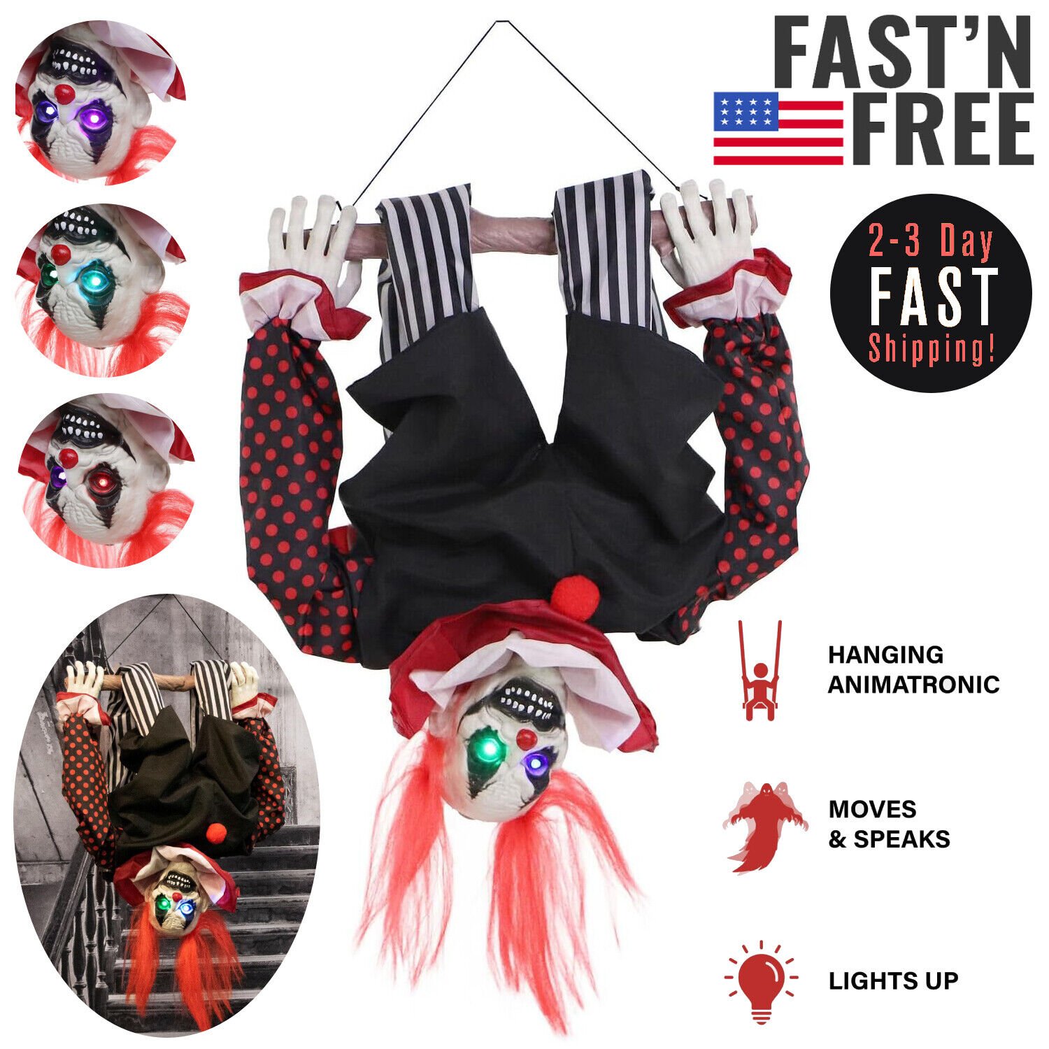 Upside-Down Talking Animatronic Clown Scary Hanging Halloween ...