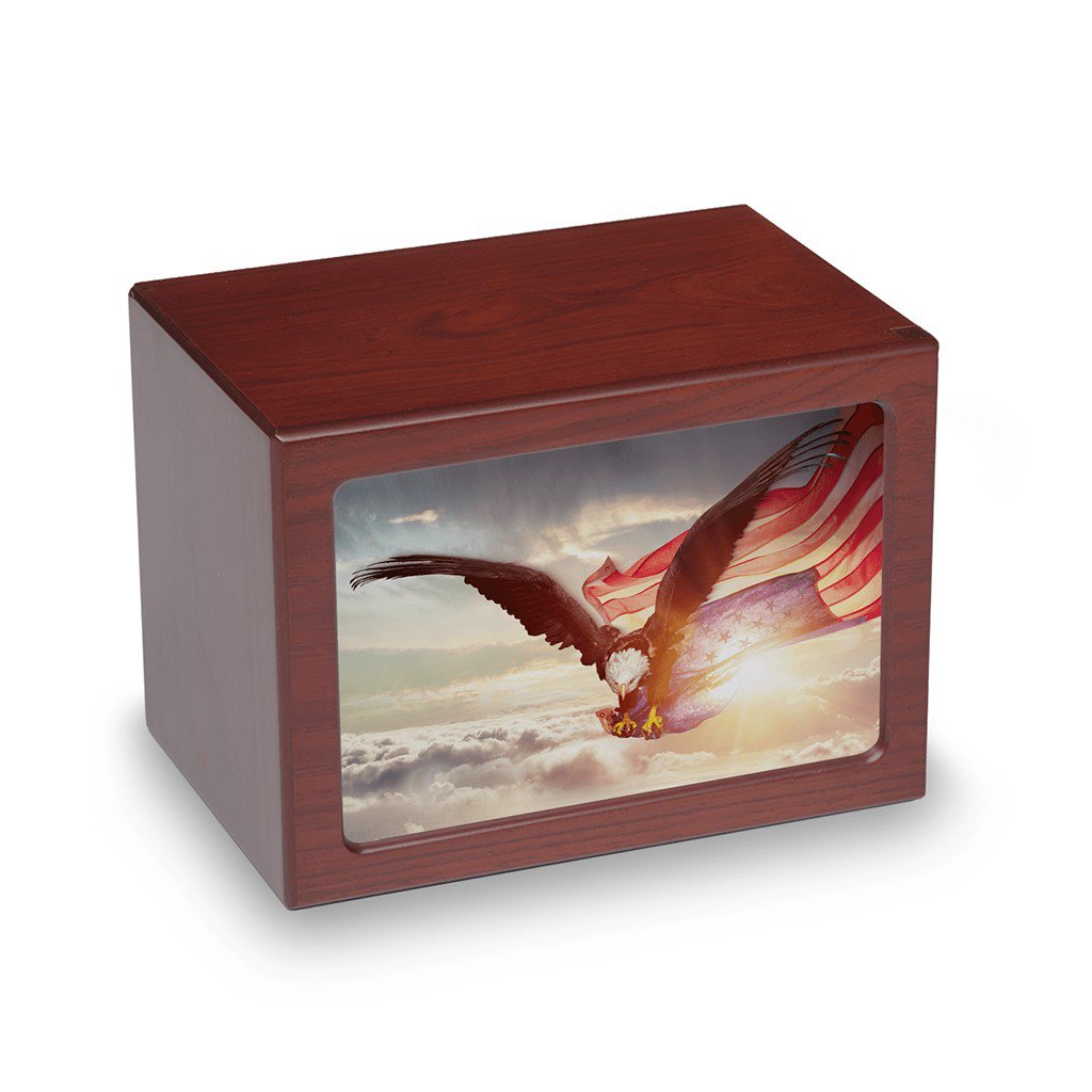 Flying Bald Eagle Photo Cherry Tone Wood Cremation URN