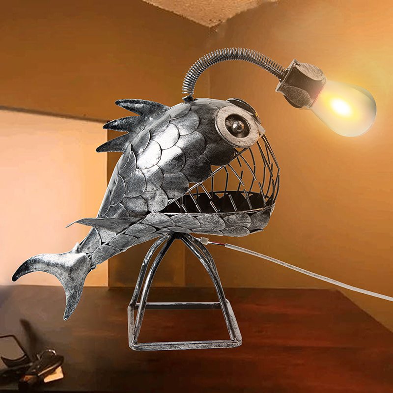Vintage Angler Fish Desk Lamp Shark Shape Night Light USB Metal Art ...