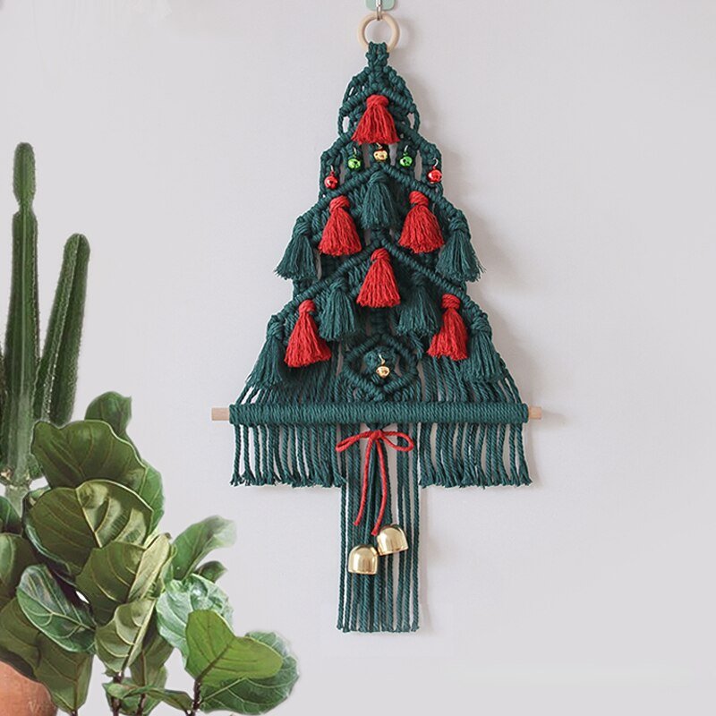 Macrame Christmas Tree Boho Decoration Wall Hanging Tapestry Tassels Bells Bohemian