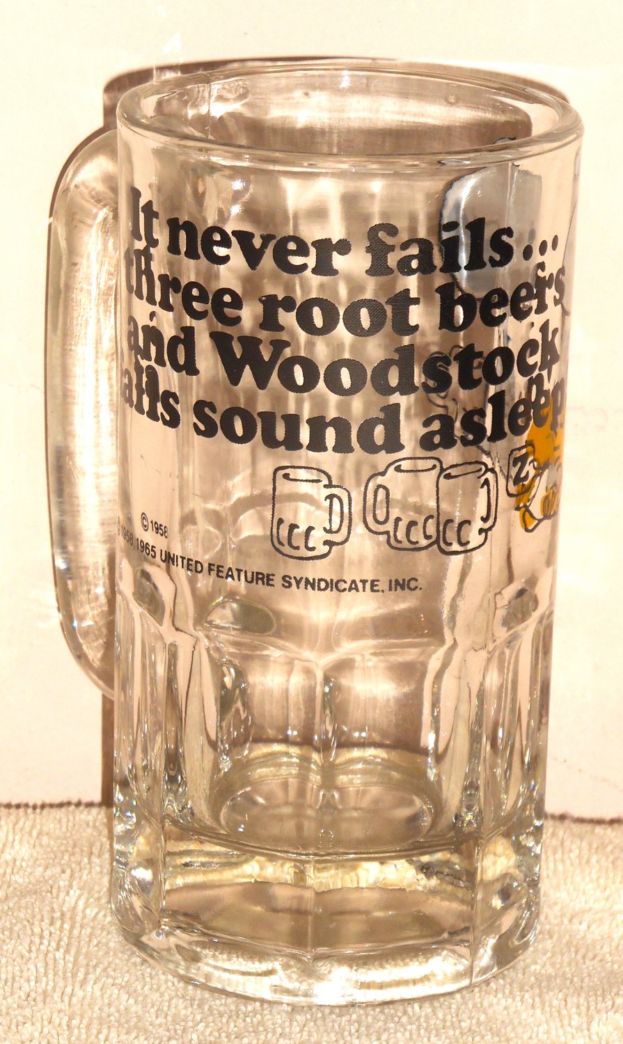 Snoopy Woodstock Clear Glass Drinking Handled Mug Root Beer Peanuts ...
