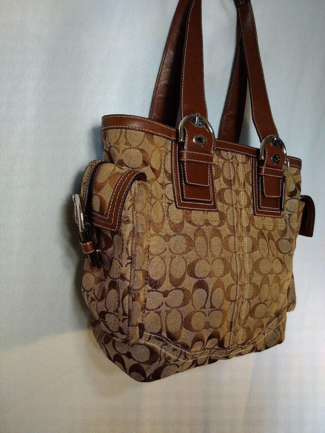 COACH Signature Leather Carry all Tote Purse Bag Side Pockets C06Q-10079