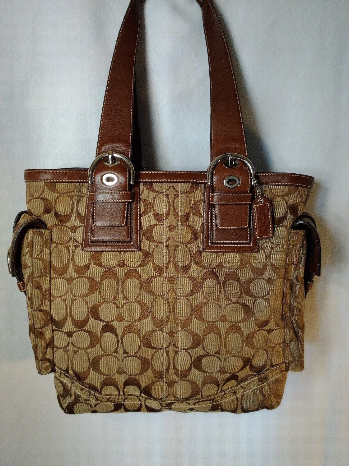 COACH Signature Leather Carry all Tote Purse Bag Side Pockets C06Q-10079