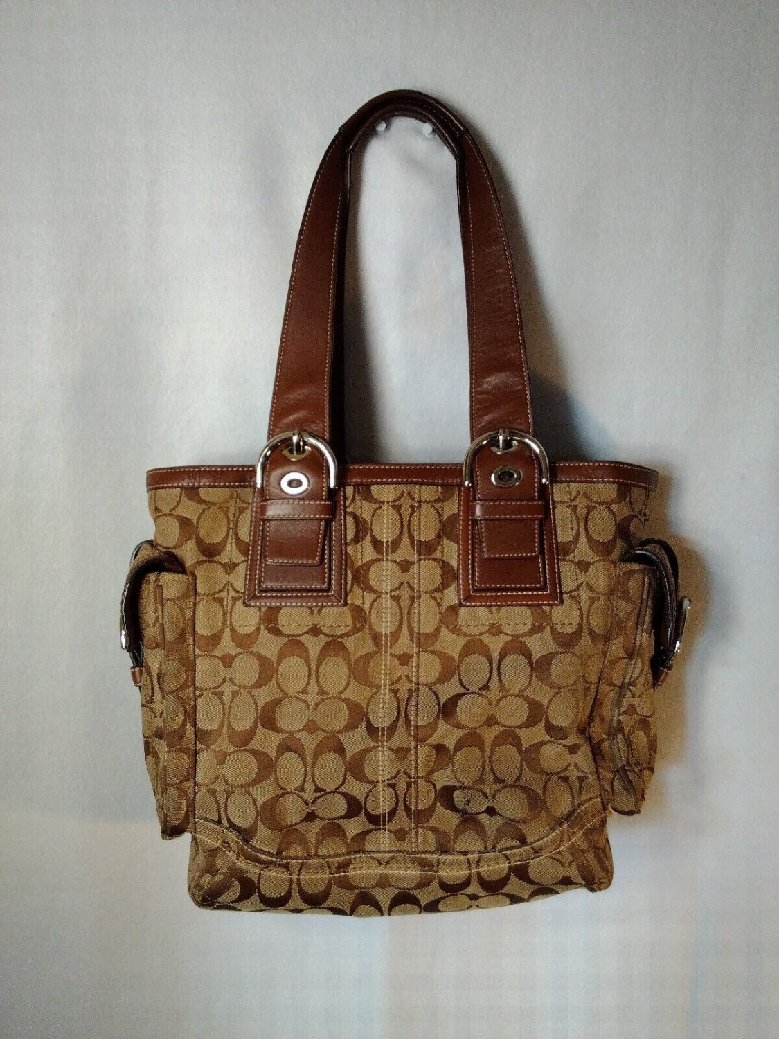 COACH Signature Leather Carry all Tote Purse Bag Side Pockets C06Q-10079