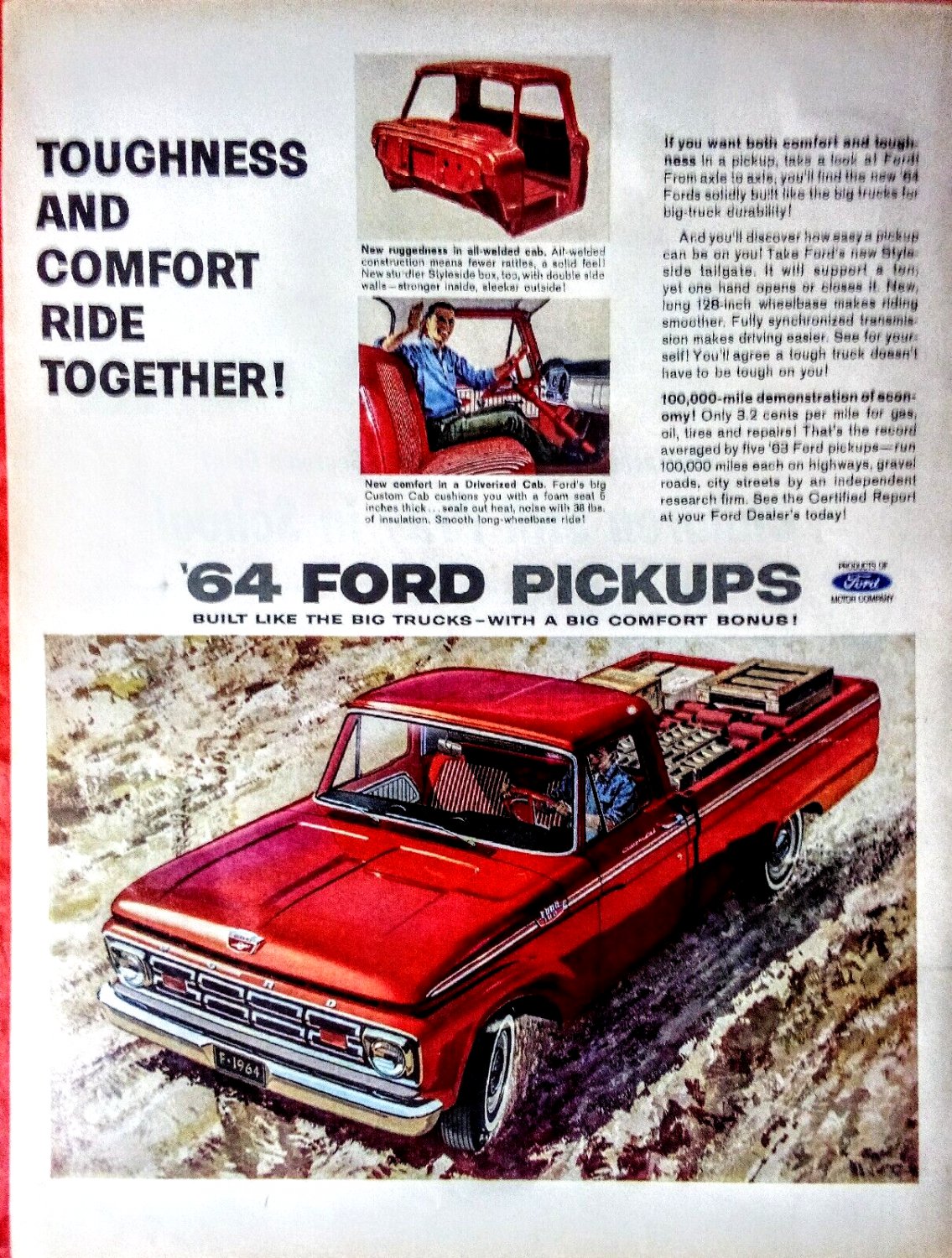 1964 FORD 100 PICKUP TRUCK Print Ad "Toughness and comfort ride together"