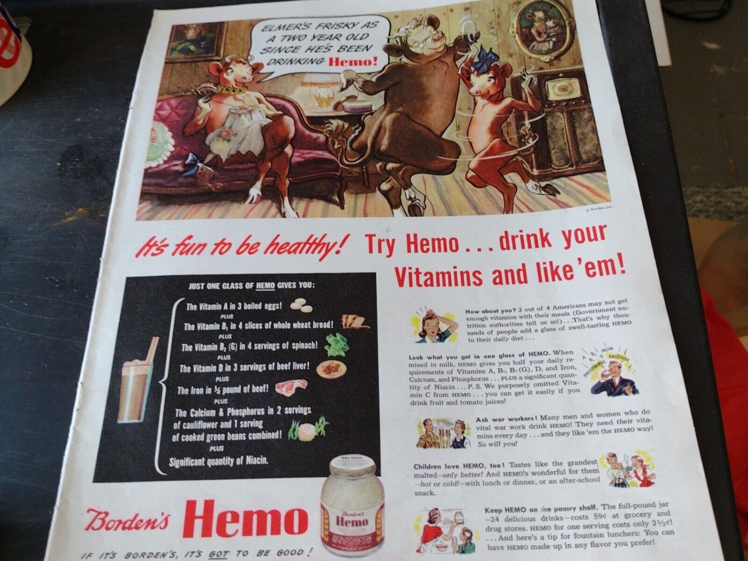 1943 Borden's Hemo Chocolate Milk Elsie The Cow Walter Early Vintage ...