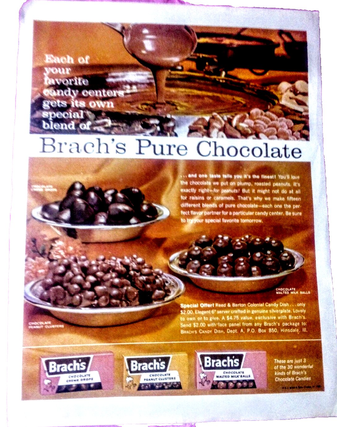 Vintage 1962 BRACHS Print Ad Pure Chocolate Candy Malt Balls Creme Drops
