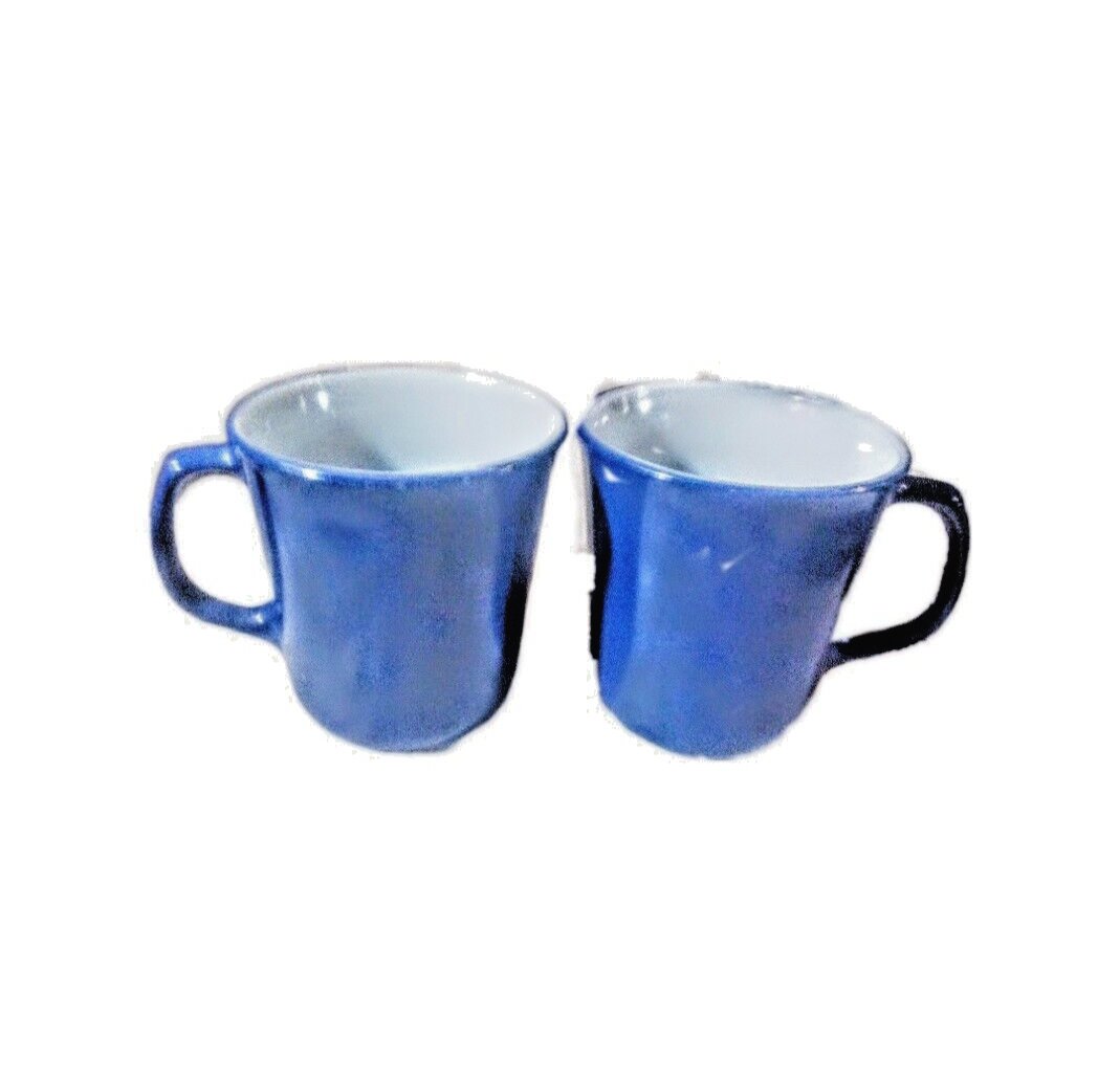 Two Vintage PYREX Slate Blue Coffee Mugs Tea Cups Milk Glass 8 Oz. D Handle