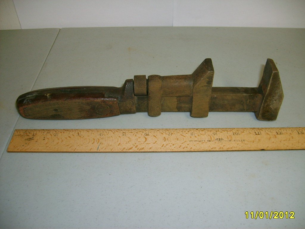 12 inch Monkey Wrench Adjustable Vintage Nice Wood Handle