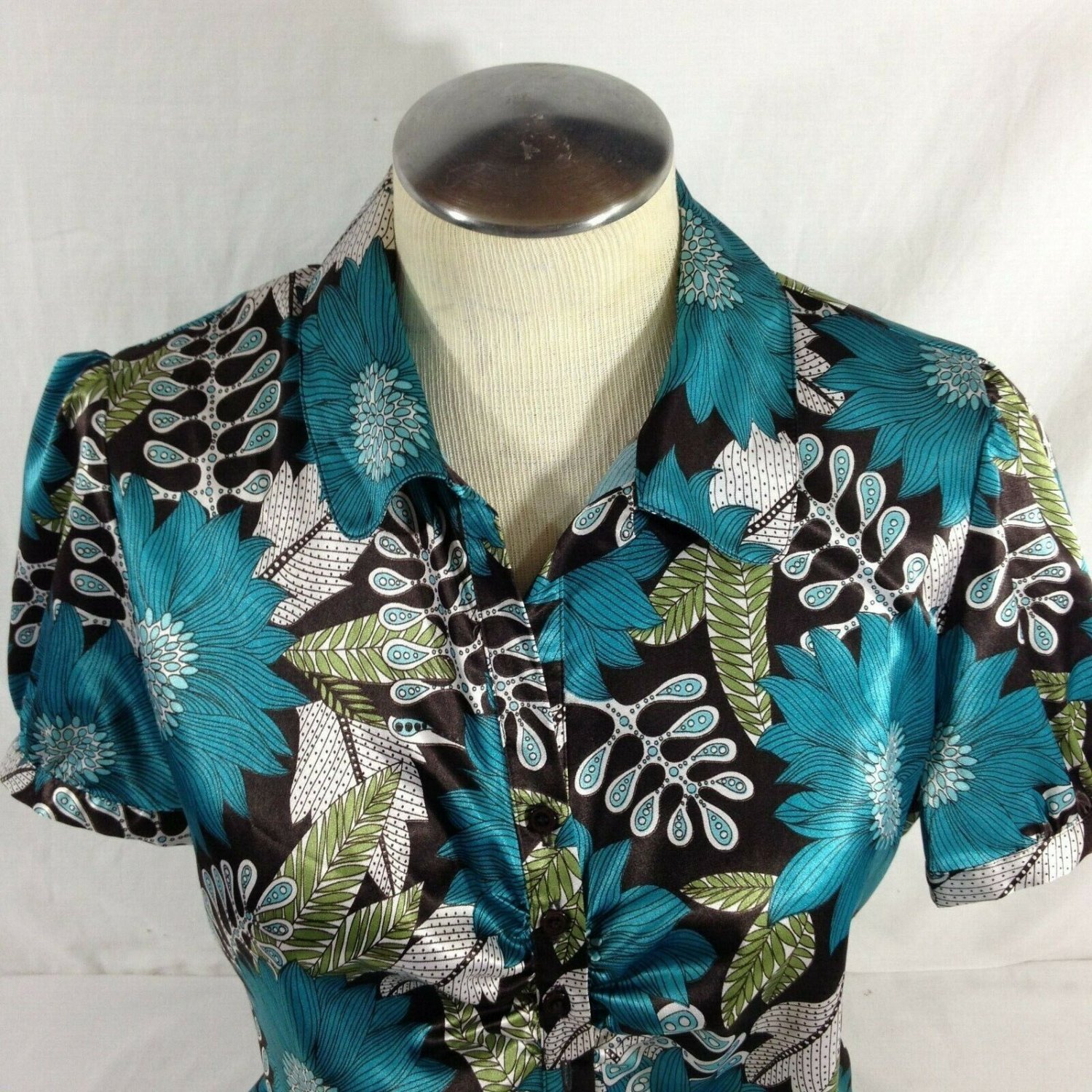 Fred David Women's Short Sleeve Blouse Top Shirt Green/Black/ White Medium