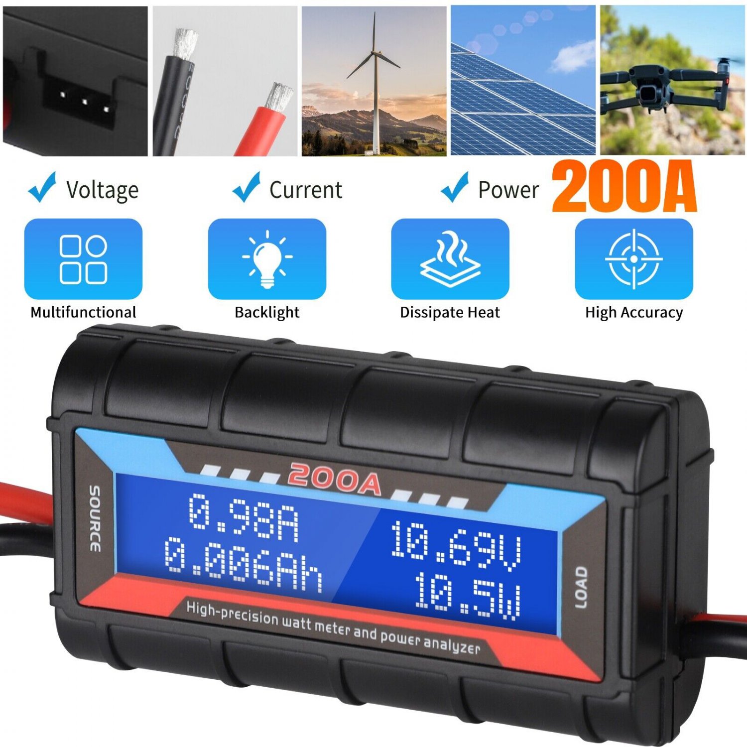 200A 60V DC Digital Monitor LCD Voltmeter Amp Watt Battery Solar Power ...