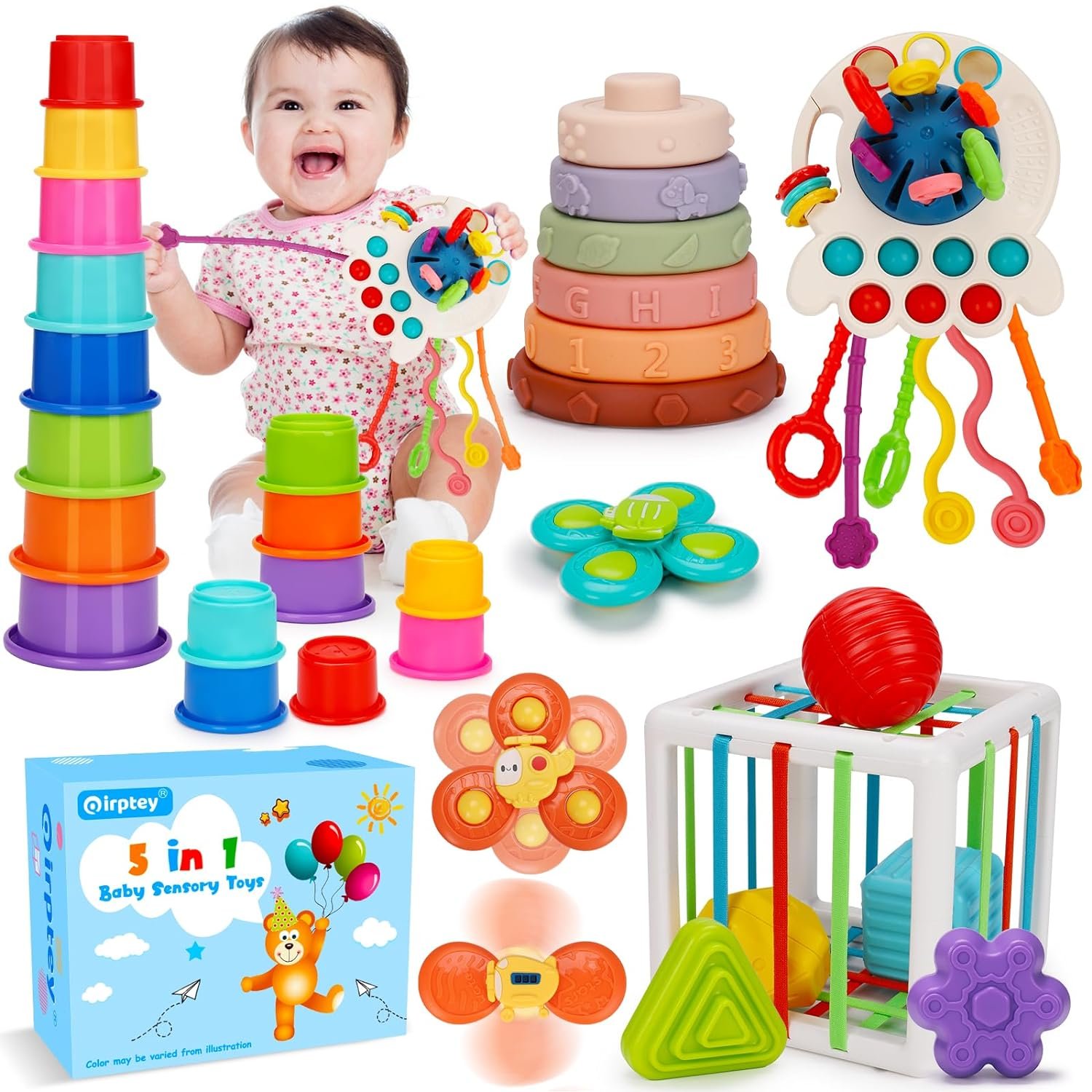 5 In 1 Baby Montessori Toys, Sensory Bin Pull String Teething Toy 0-6 ...