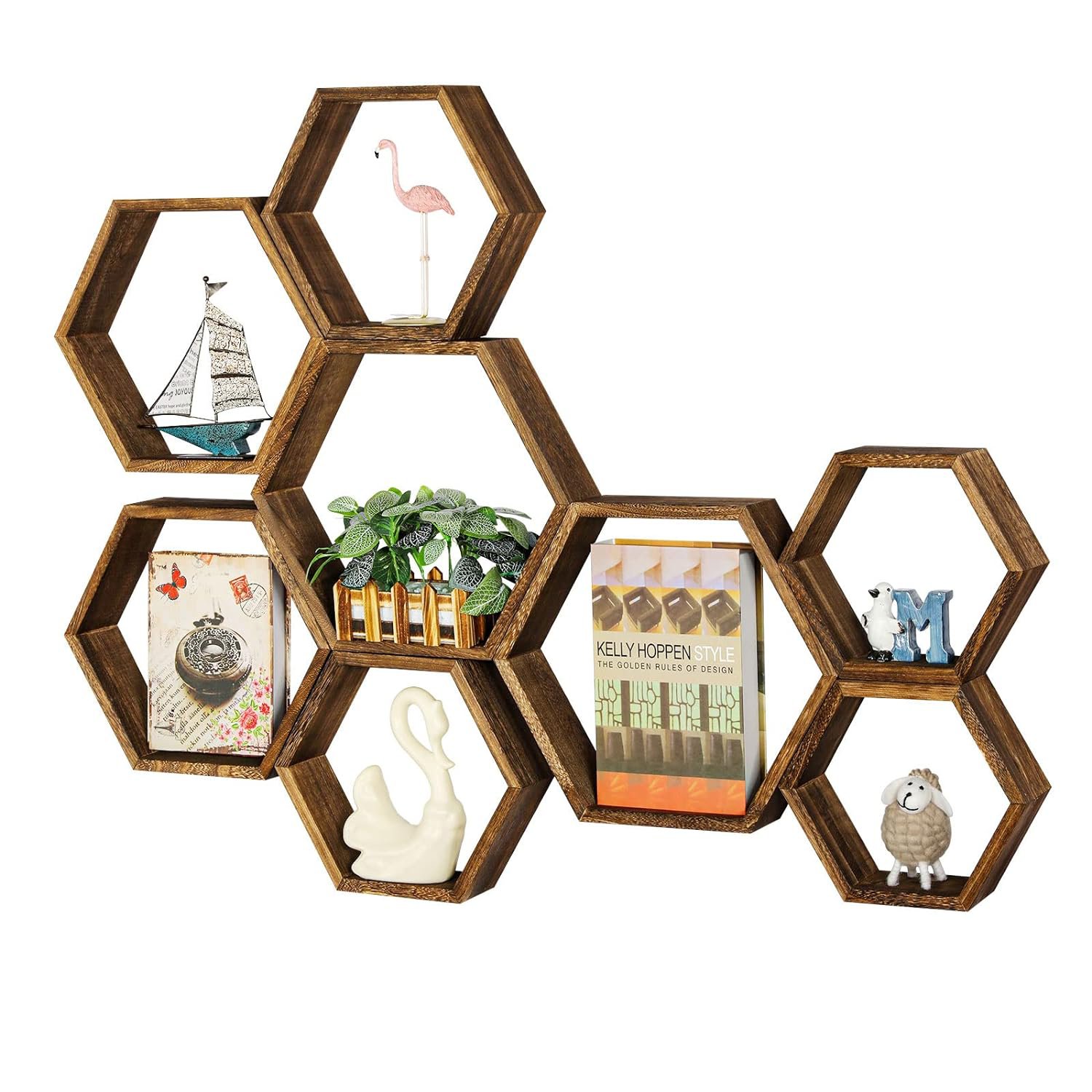 Hexagon Floating Shelves Wall Mounted Set Of 8 Wood Hexagonal Storage ...