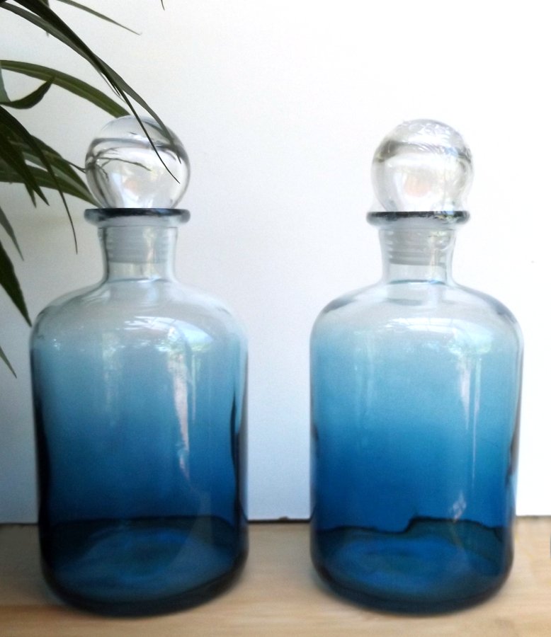 Set of 2 Cobalt Blue Art Glass Decanter Jars with Glass Stopper