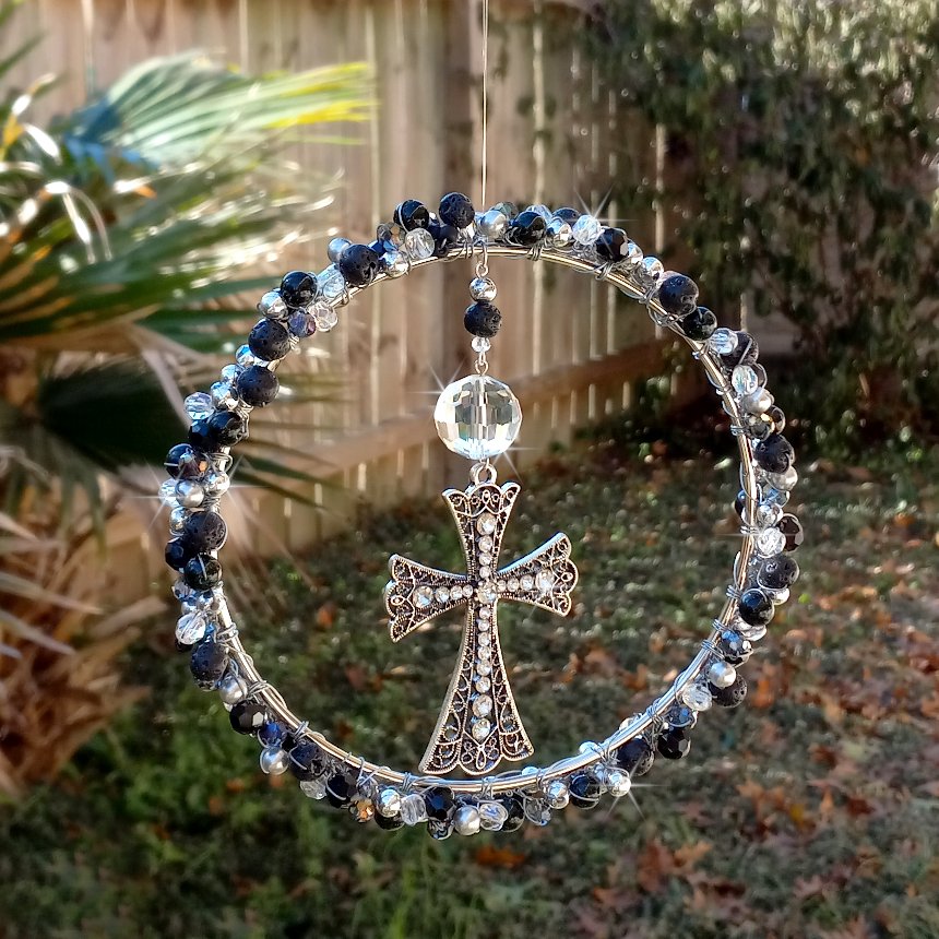 6 inch Cross Suncatcher Beaded Wire Wrapped Round Black Silver