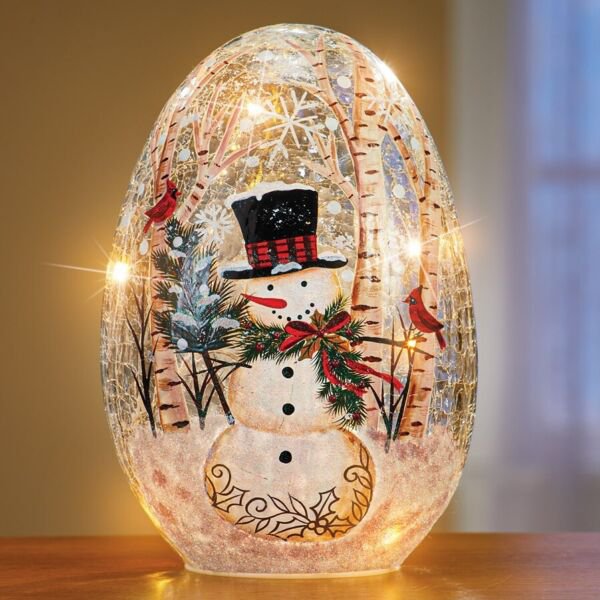 Led Lighted Crackled Glass Snowman Egg Tabletop Centerpiece Christmas Decor Decoration