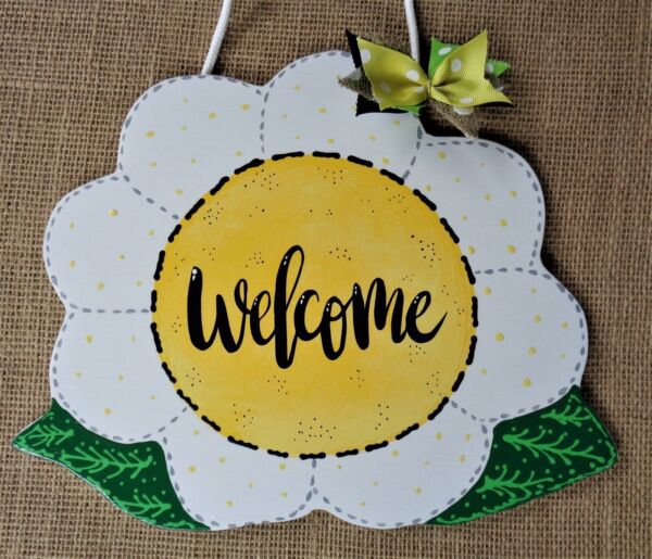 Welcome White Daisy Flower Sign Wall Door Hanger Plaque Wood Indoor ...