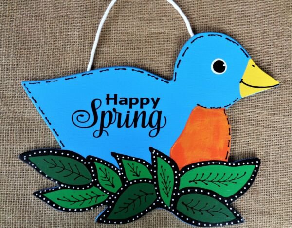 Happy Spring Blue Bird Sign Wall Art Door Plaque Seasonal Hanger Decoration
