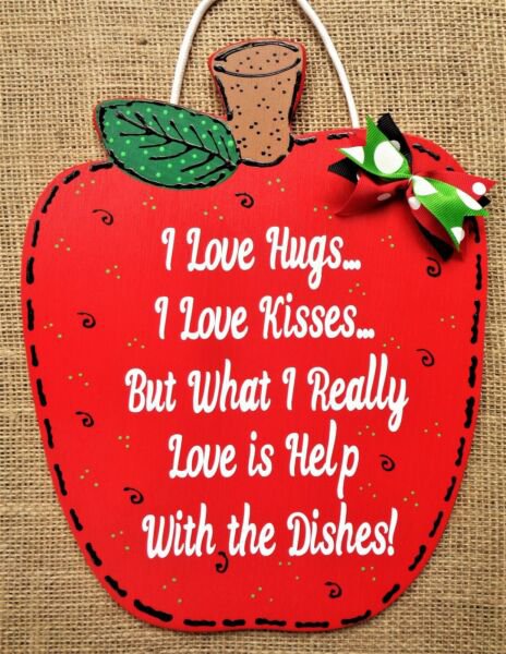 Hug Kisses Dishes Apple Kitchen Sign Wall Art Door Hanger Plaque ...