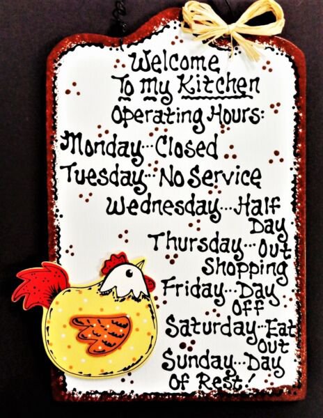 Chicken Kitchen Operating Hours Sign Wall Hanger Plaque Country Rooster ...