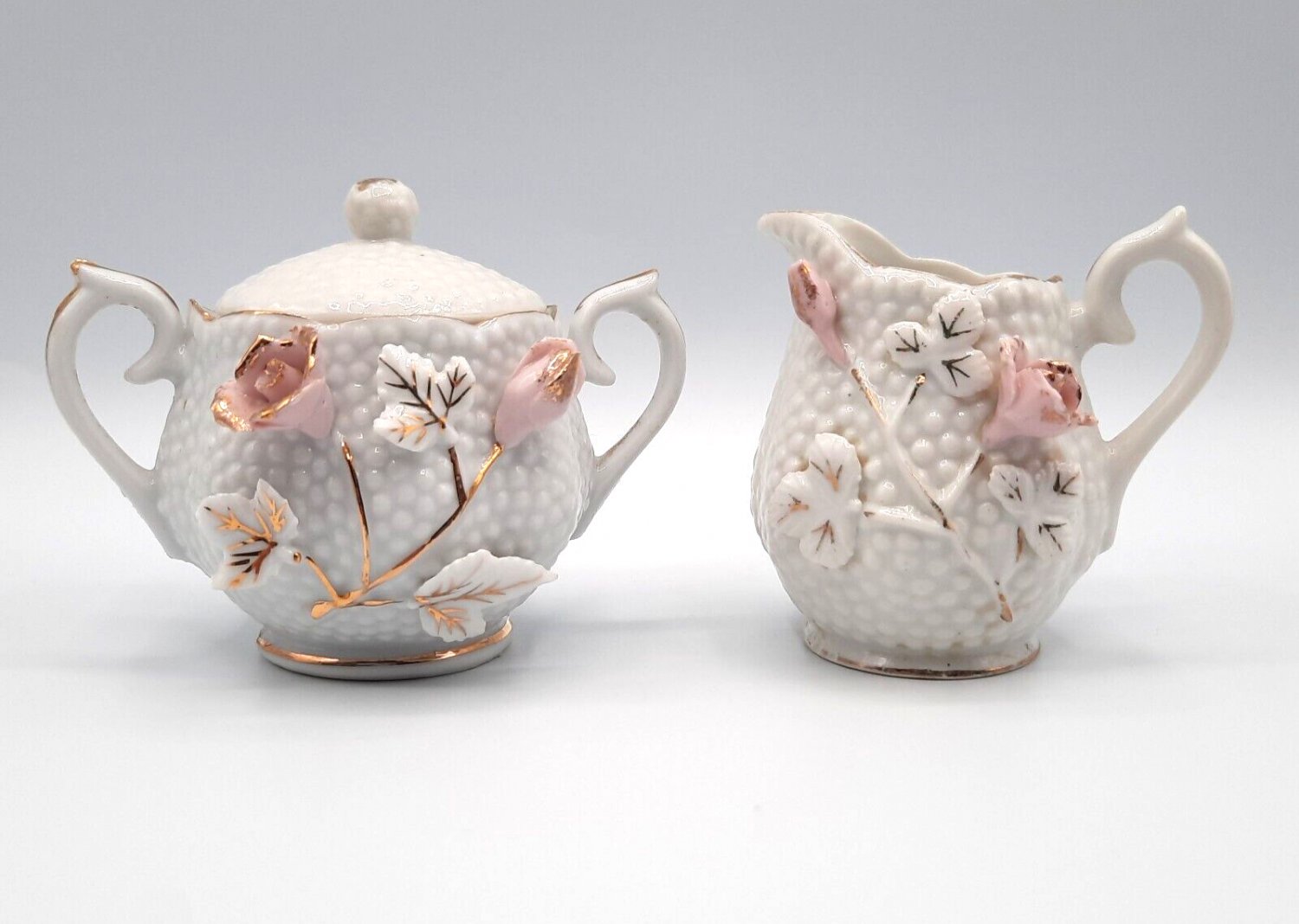 Vintage TMJ Japan Child's Sugar Creamer Set Applied Roses Knobby Surface