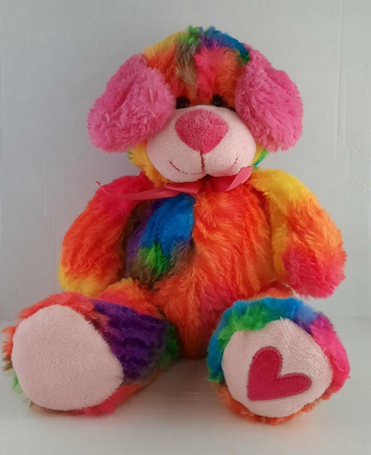 KellyToy Plush Rainbow Dog/Puppy Stuffed Hot Pink Bow Heart Embroidery ...