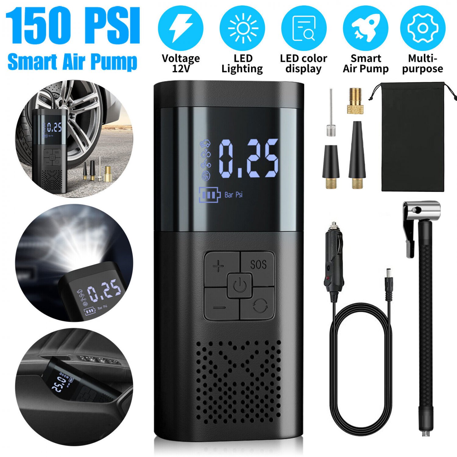 150Psi Car Digital Electric Tire Inflator Portable Lcd Air Pump ...