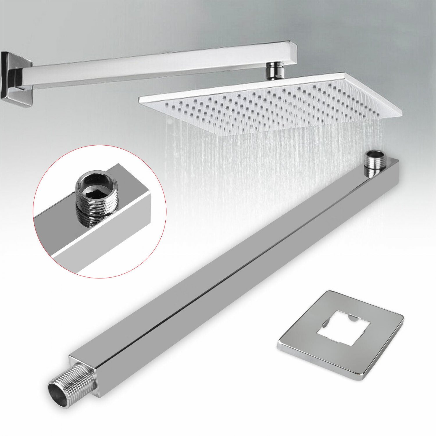 16" 40Cm Square Ceiling Rain Shower Head Chrome Wall Mounted Extension Arm