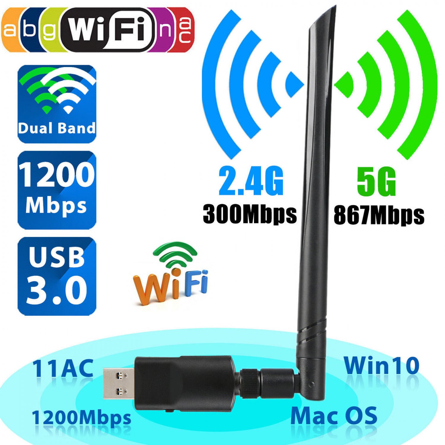 Wireless Network Adapter Dongle Card Usb Wifi Laptop Desktop Pc Antenna ...